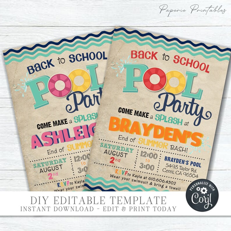 EDITABLE Back to School Pool Party Invitation End of Summer | Etsy