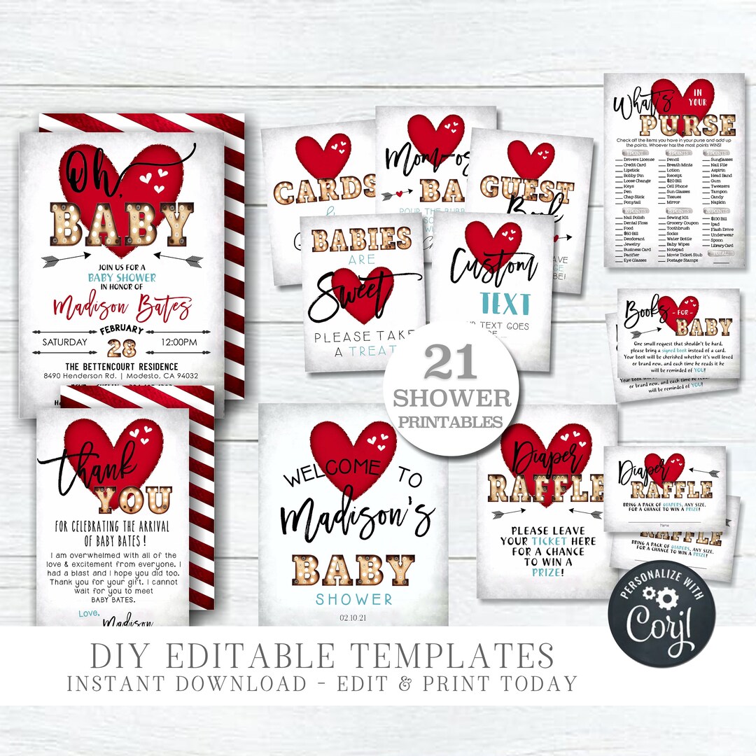 EDITABLE Valentine's Day Baby Shower Bundle Heartbreaker Baby Shower ...