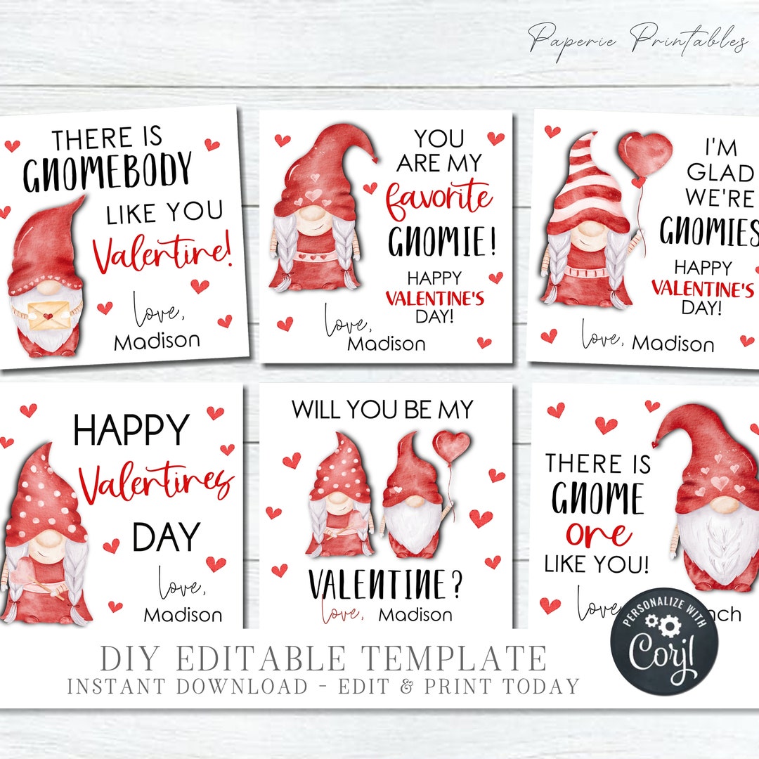 Editable Gnome Valentine Cards: School Valentine Printables (DIY With ...