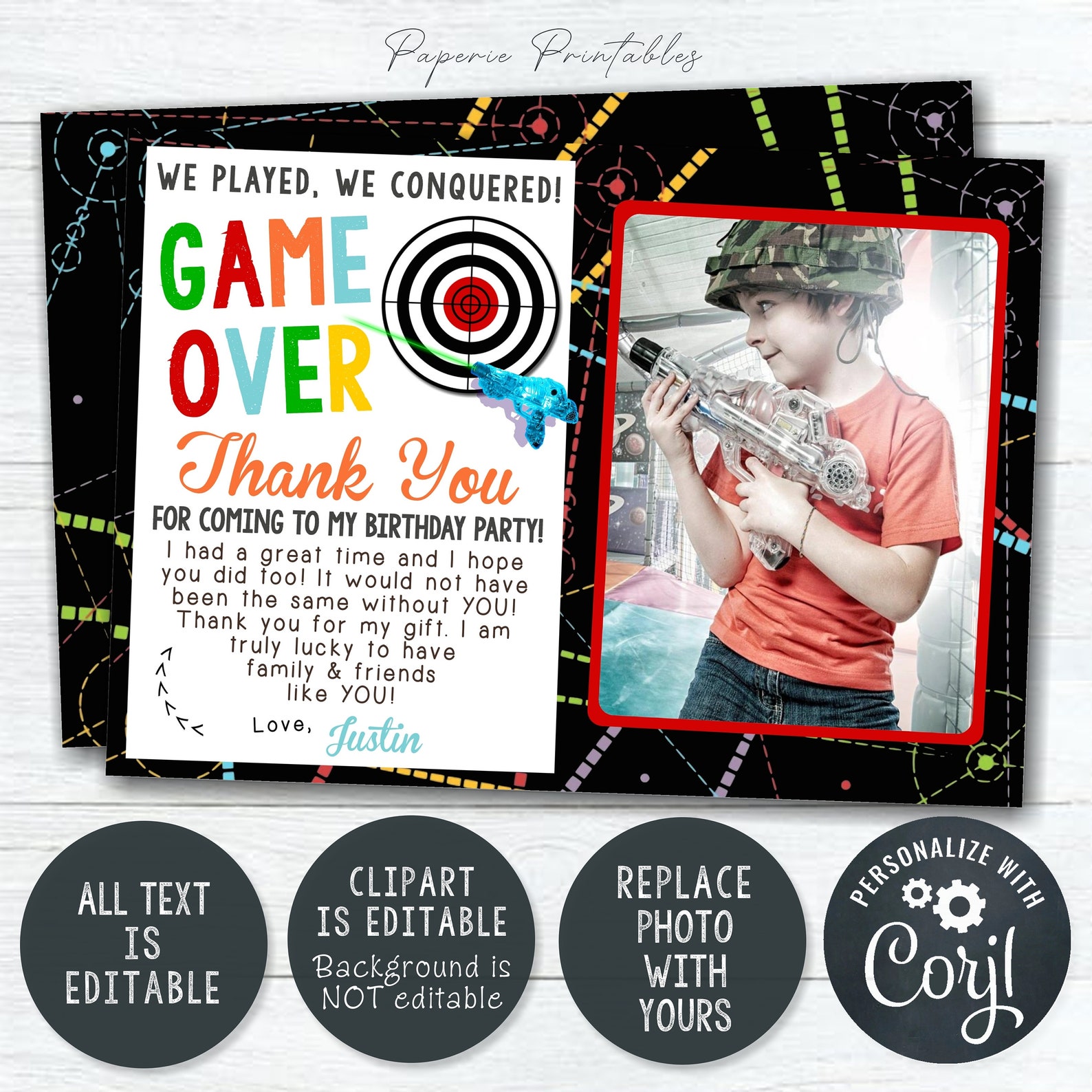 EDITABLE Laser Tag Thank You Card Laser Tag Birthday Party - Etsy