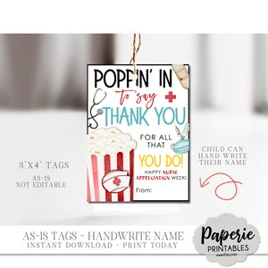 EDITABLE Popcorn Nurse Appreciation Gift Tag, Nurse Appreciation Tag ...