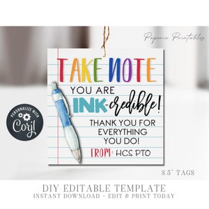 EDITABLE Pen Teacher Appreciation Gift Tag, Pen Teacher Gift, Take Note ...