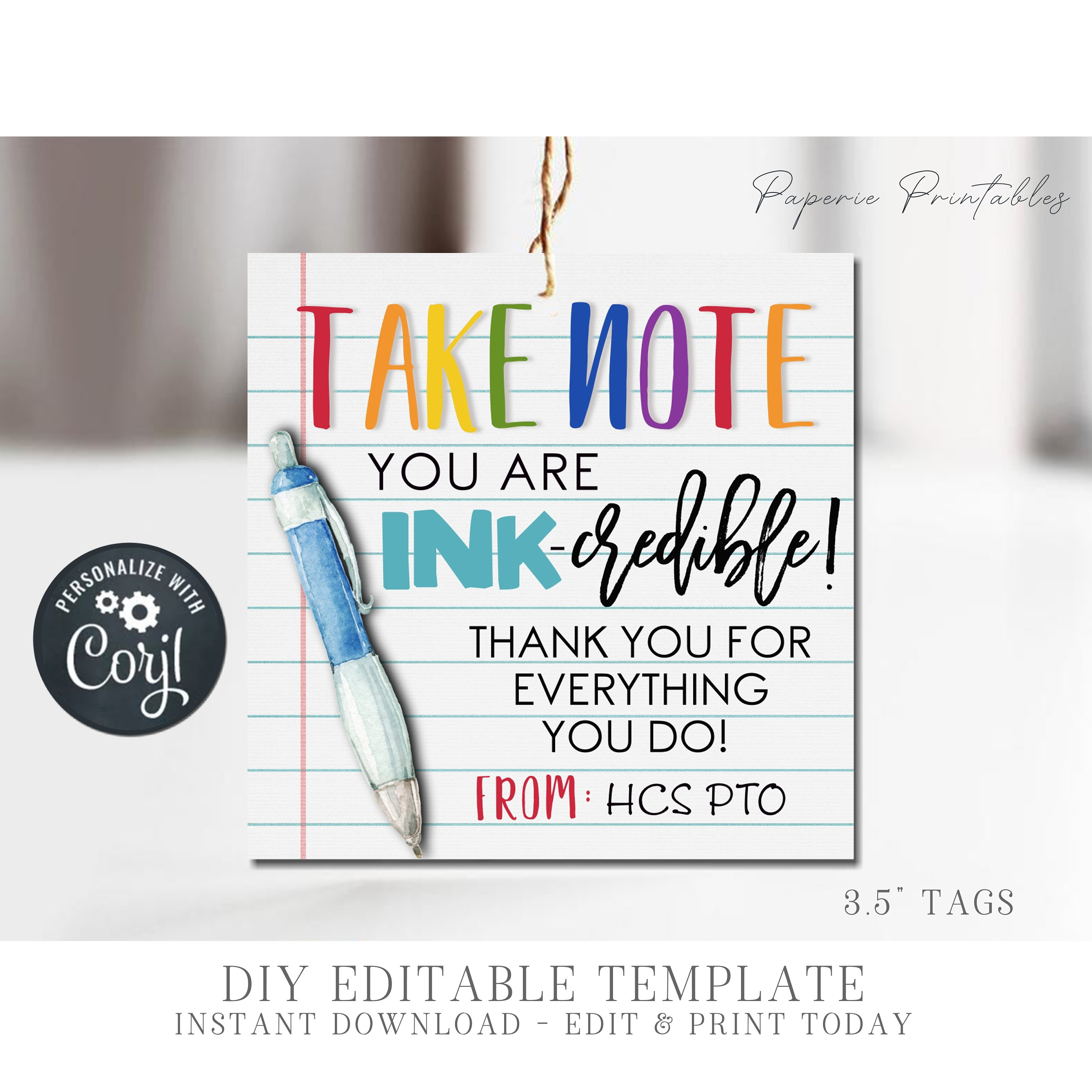 Editable Pen Teacher Appreciation Gift Tag (DIY Corjl Template) - Etsy