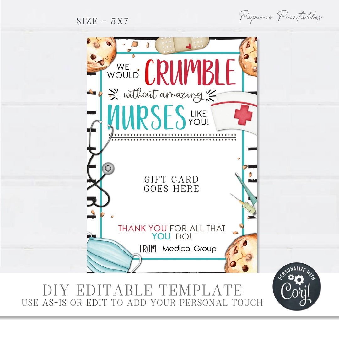 Editable Nurse Appreciation Gift Card Holder: Cookie Theme (DIY Corjl ...