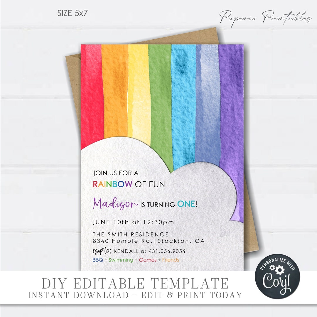 Editable Watercolor Rainbow Birthday Invitation: Twins or Single ...