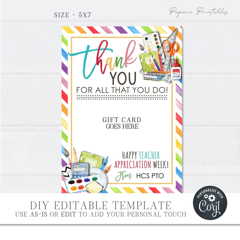 EDITABLE Teacher Appreciation Gift Card Holder Thank You for - Etsy