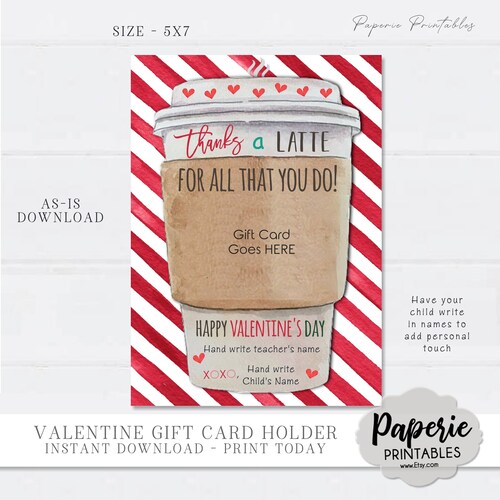 Valentine's Day Coffee Gift Card Holder Printable Thanks - Etsy