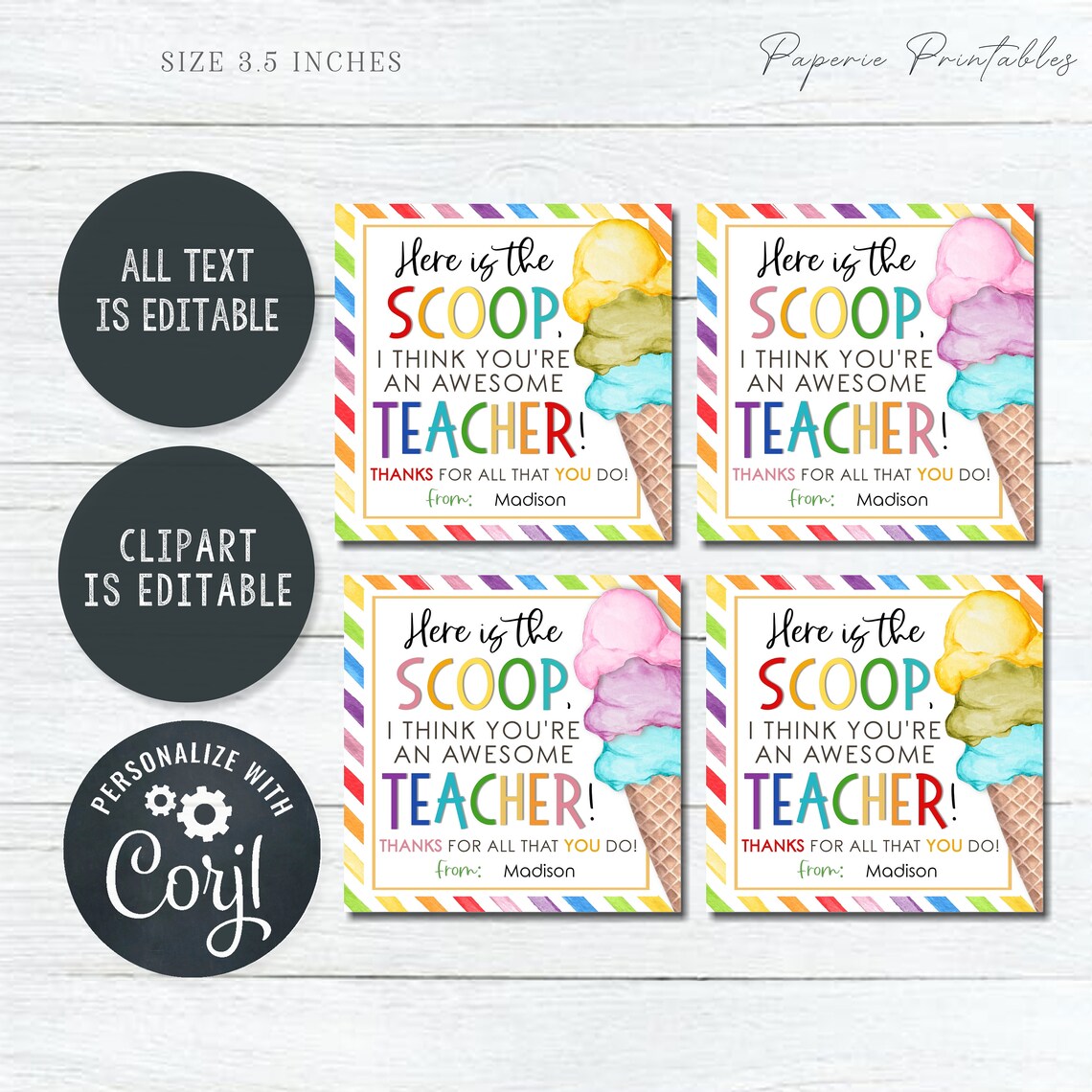 Editable Teacher Appreciation Gift Tag: Ice Cream Scoop (digital ...