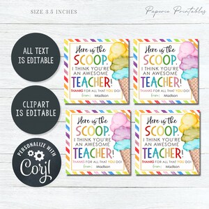 EDITABLE Teacher Appreciation Gift Tag, Here's the Scoop Teacher ...