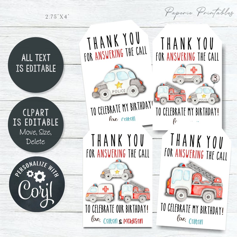 Editable First Responders Birthday Favor Tags (digital Download) #BP125 ...