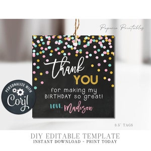 EDITABLE Confetti Birthday Favor Tag, Editable Favor Tag, Girl Birthday ...