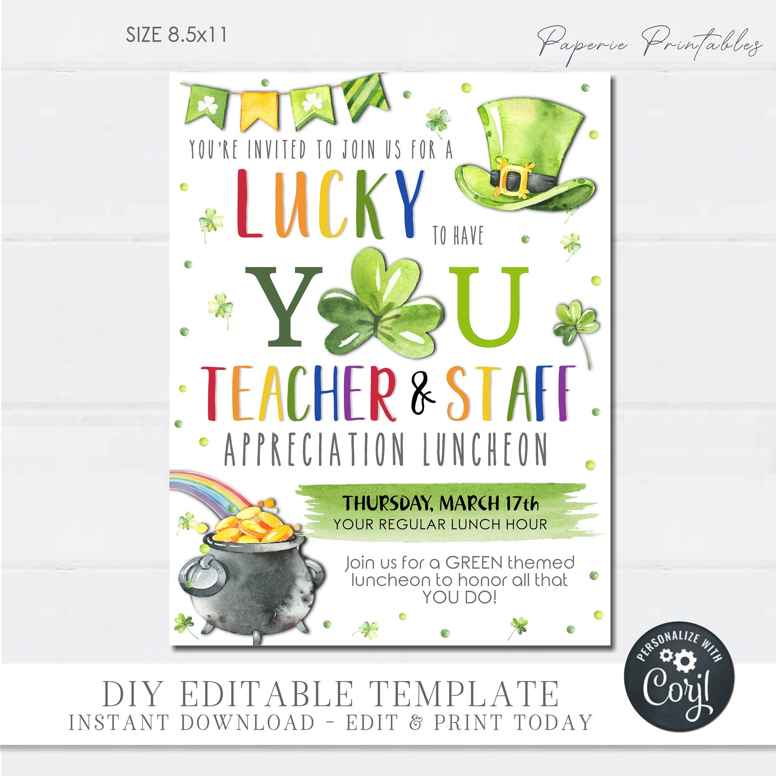 Editable St. Patrick's Day Teacher Appreciation Luncheon Flyer (DIY W ...