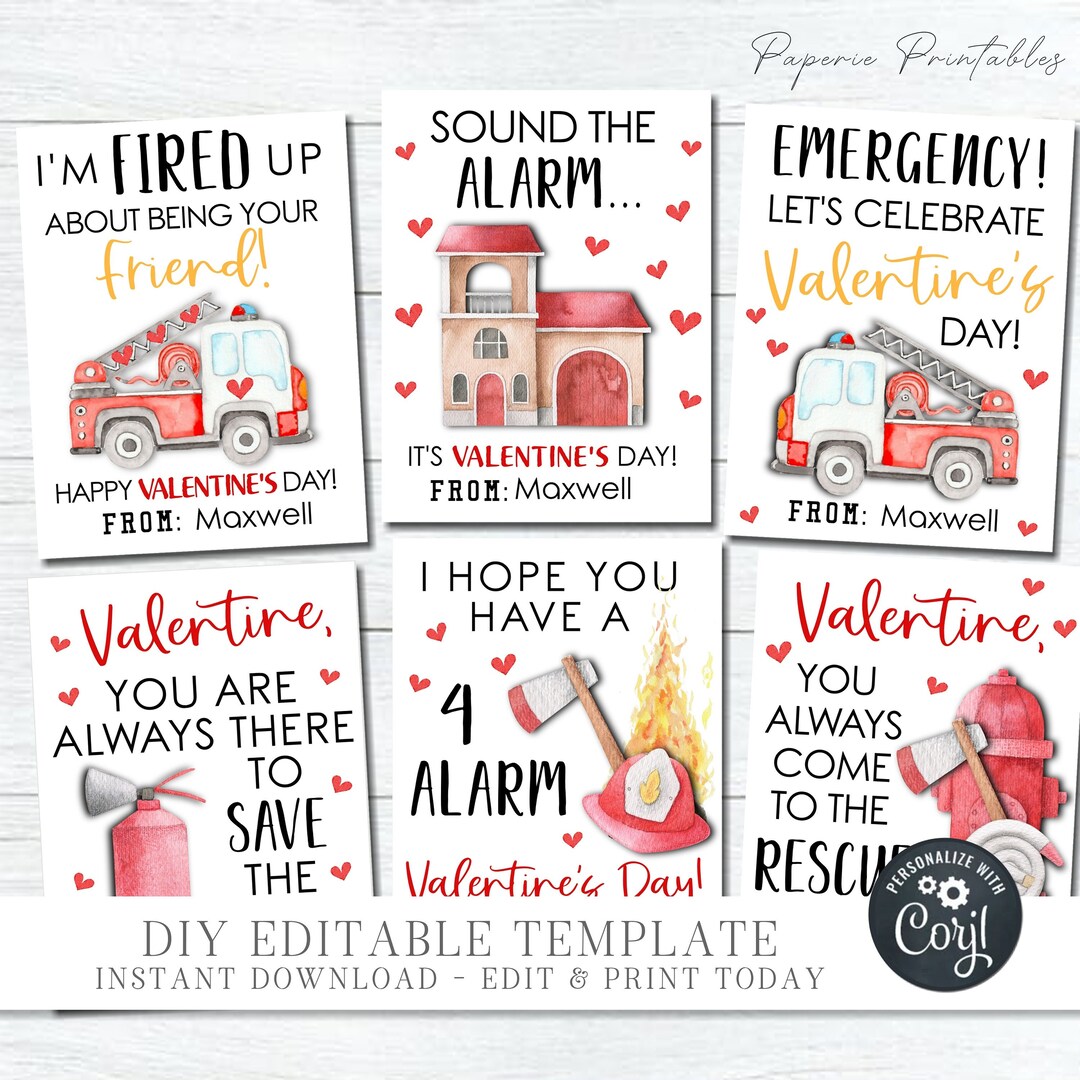 Firefighter Valentine Cards: Editable Kids' School Tags (DIY Corjl) - Etsy