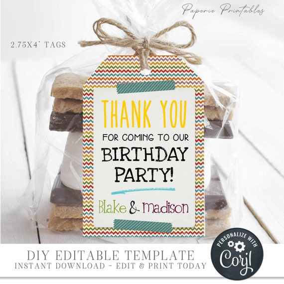 Editable Birthday Thank You Tag Birthday Party Favor Tag - Etsy