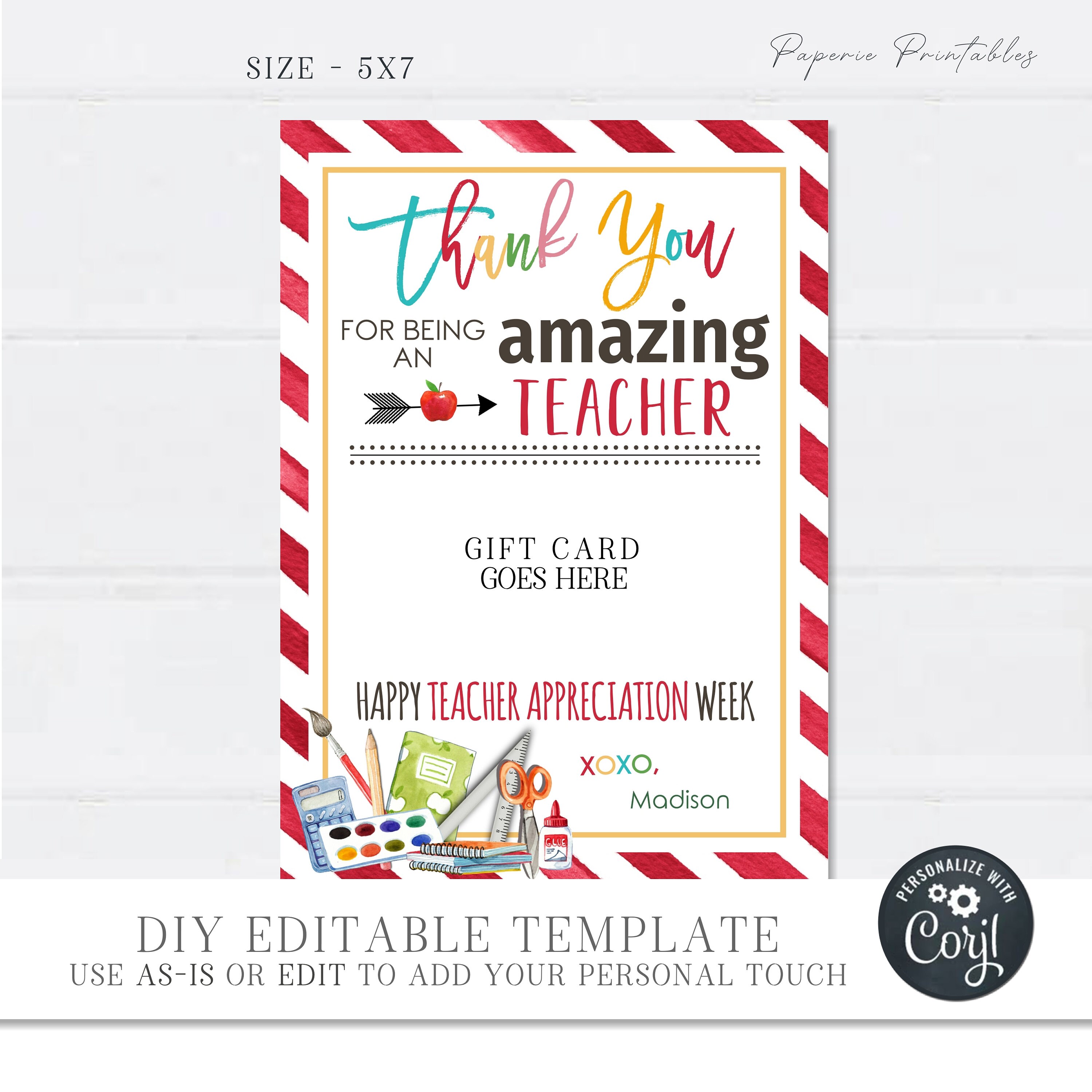 EDITABLE Teacher Appreciation Gift Card Holder Thanks for - Etsy