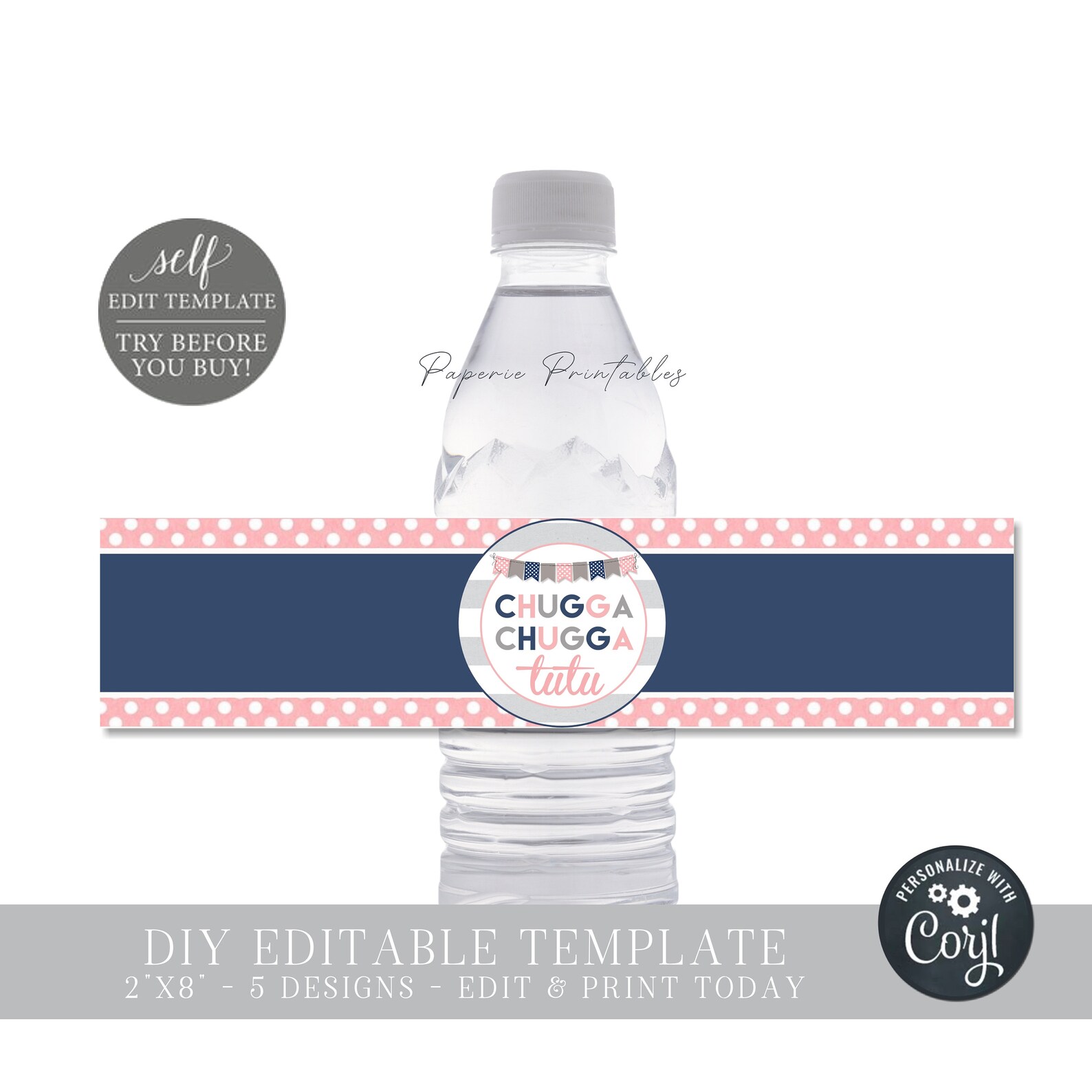 EDITABLE Choo Choo and Tutus Water Bottle Labels Water Bottle - Etsy