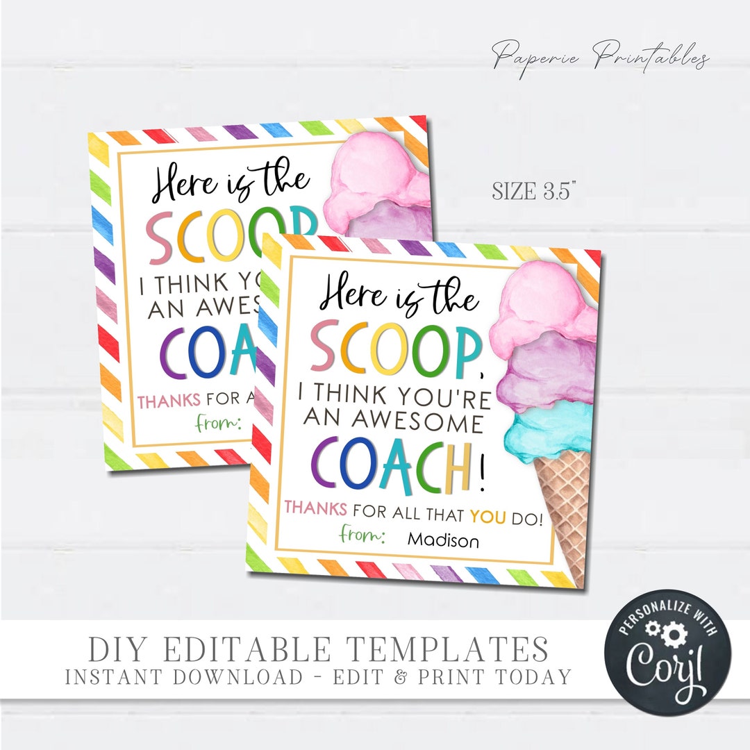 EDITABLE Coach Appreciation Gift Tag, Here's the Scoop Coach ...