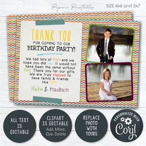 EDITABLE Kids Birthday Thank You Card, Colorful Thank You Card ...