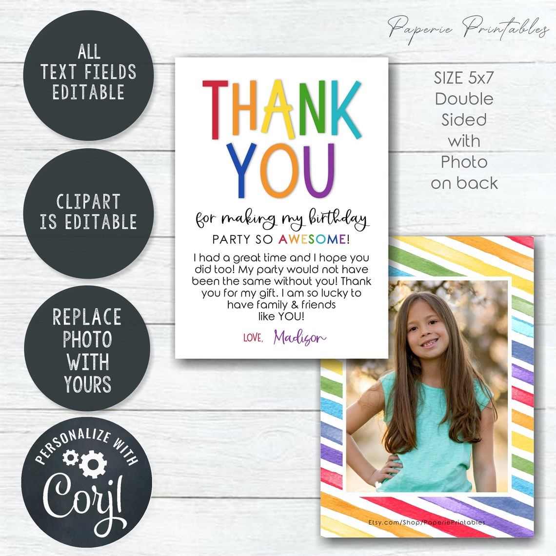 Colorful Birthday Thank You Card: Editable DIY Template (4x6 & 5x7) # ...