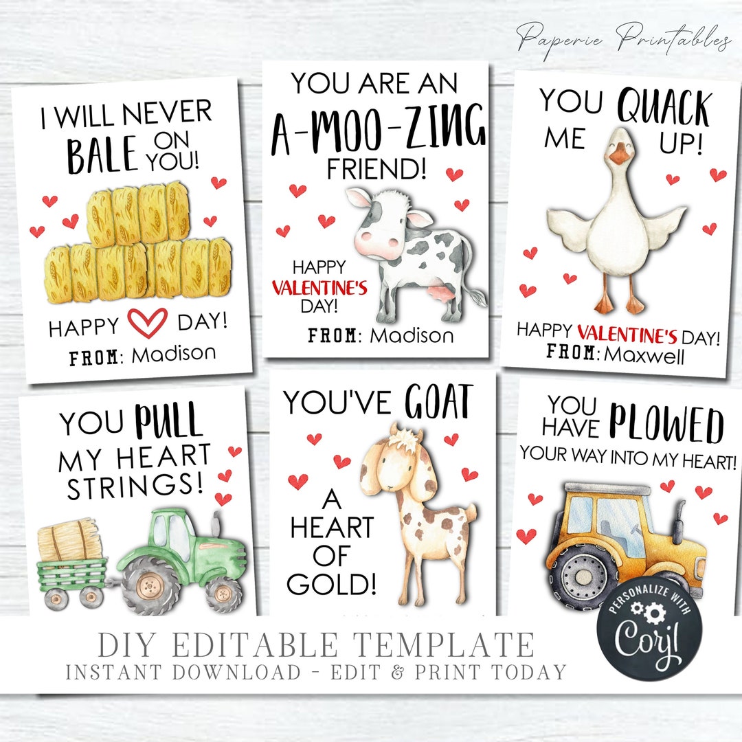 Editable Farm Animal Valentine Cards: Kids Valentine's Day Tags (DIY ...