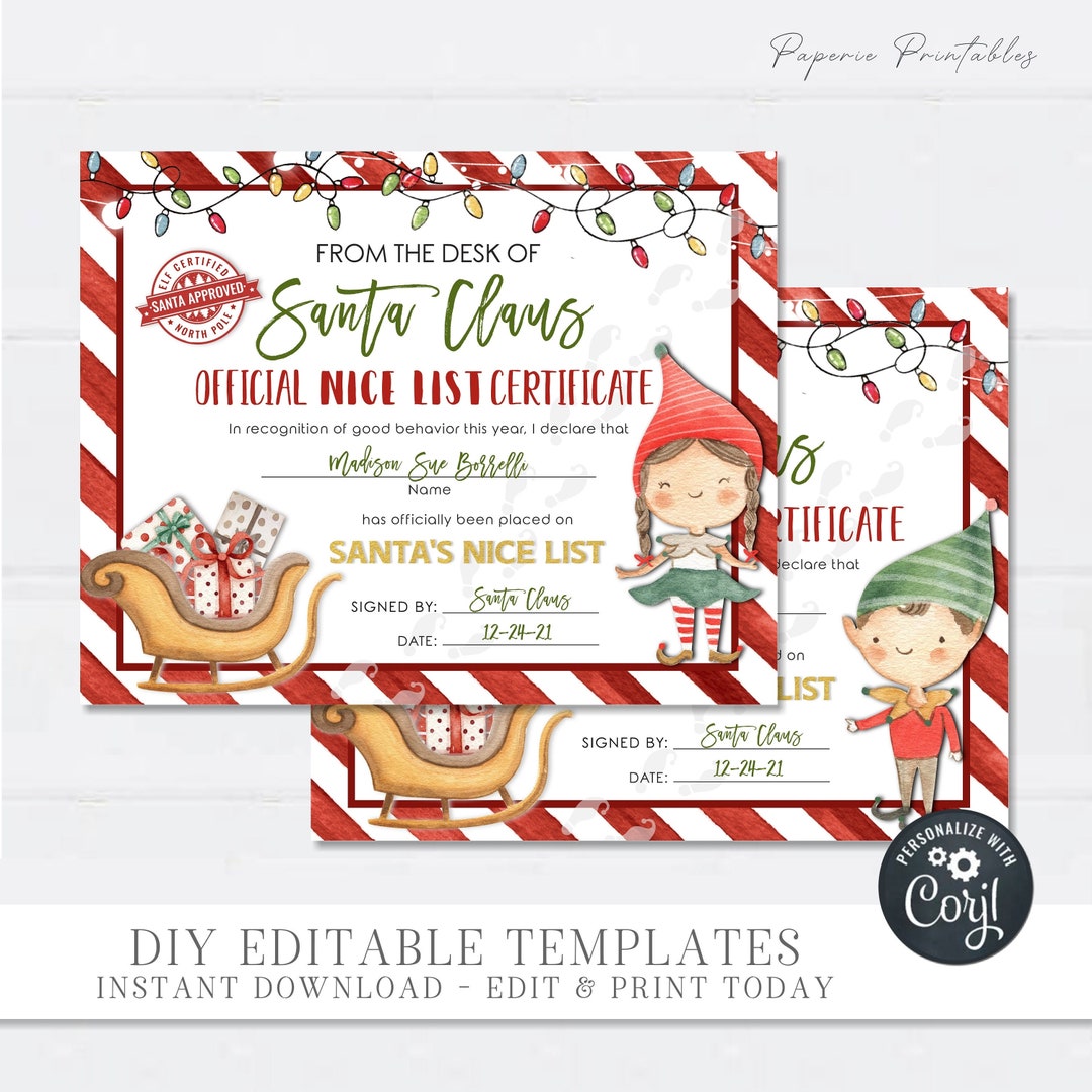 EDITABLE Santa's Nice List Certificate Santa Official Nice List ...