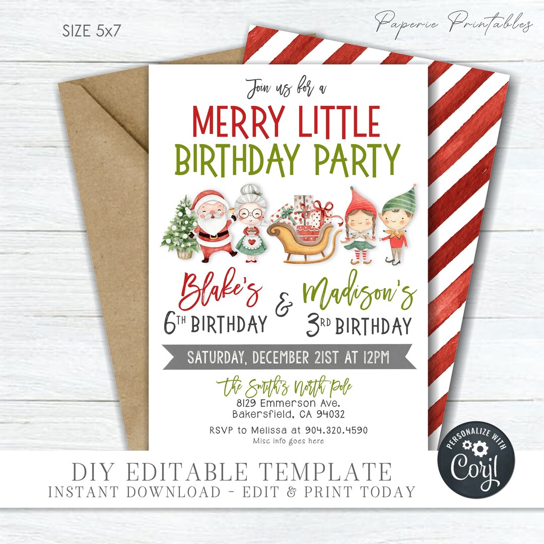 EDITABLE Little Merry Christmas Birthday Invitation - Girl, Boy, Twins ...