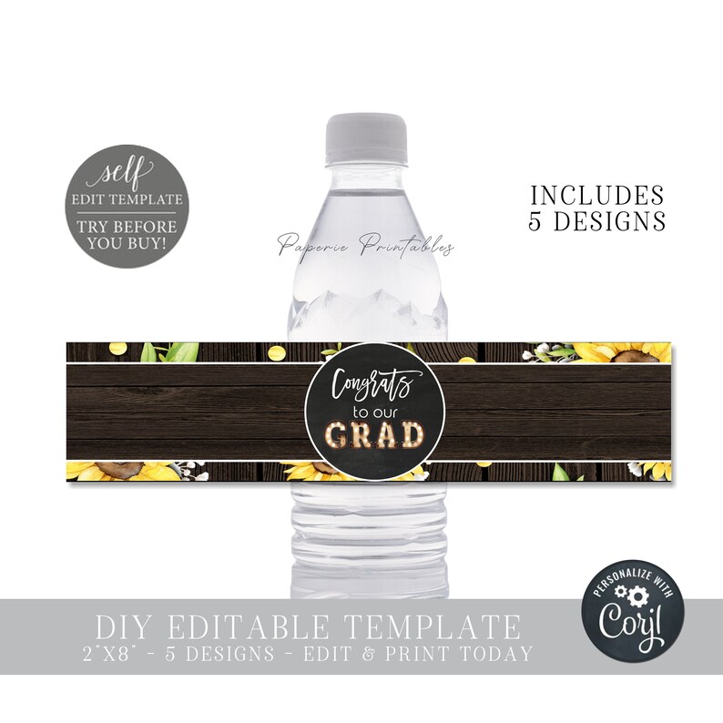 EDITABLE Sunflower Graduation 2023 Water Bottle Wrap Class of - Etsy