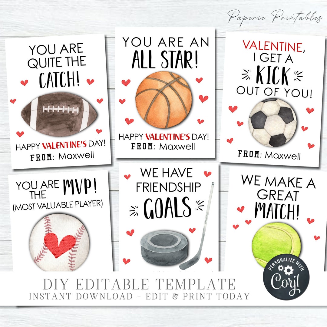 EDITABLE Kids Valentine Cards, Sports Valentine Cards, School Valentine ...