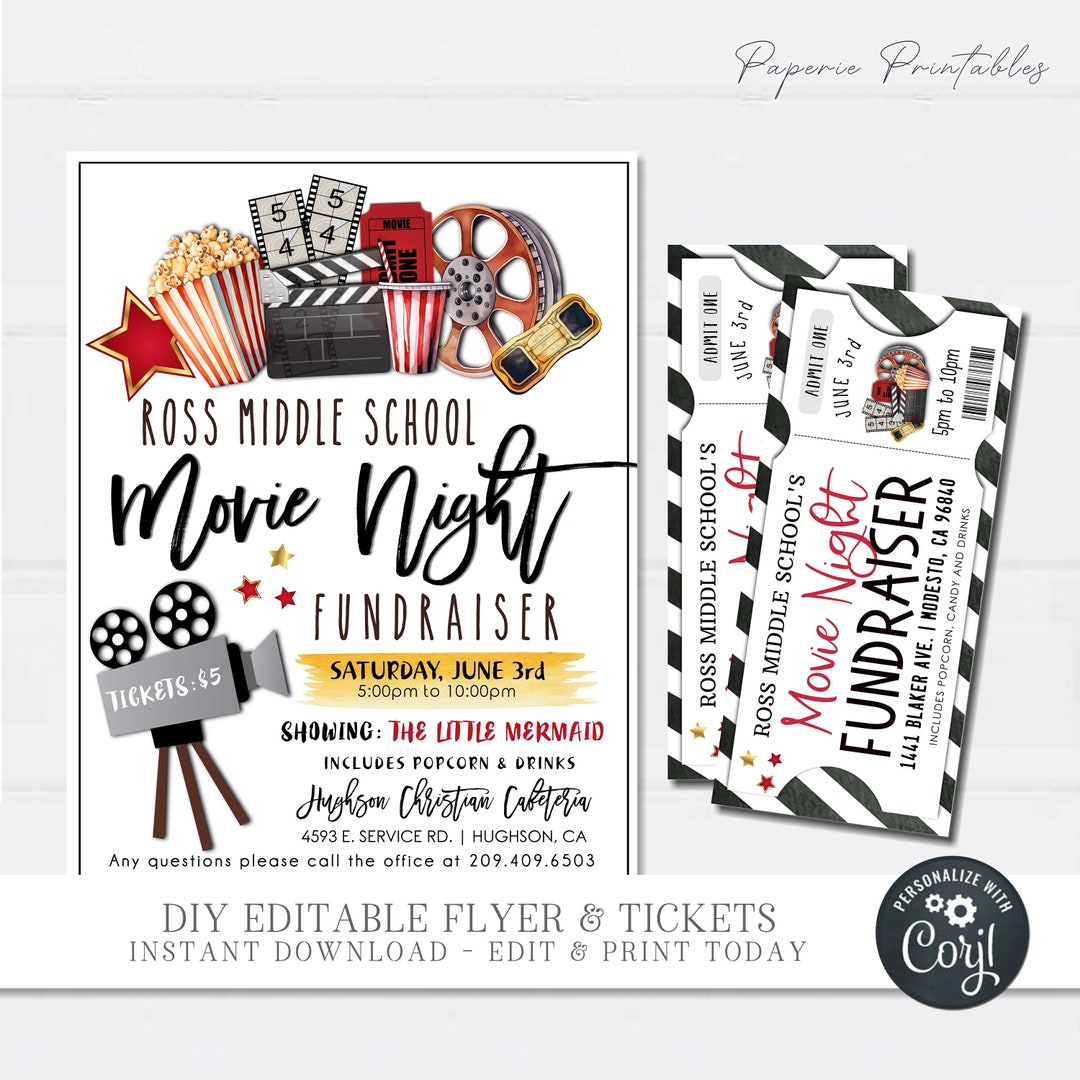 EDITABLE Movie Night Fundraiser Flyer and Tickets, Movie Night ...