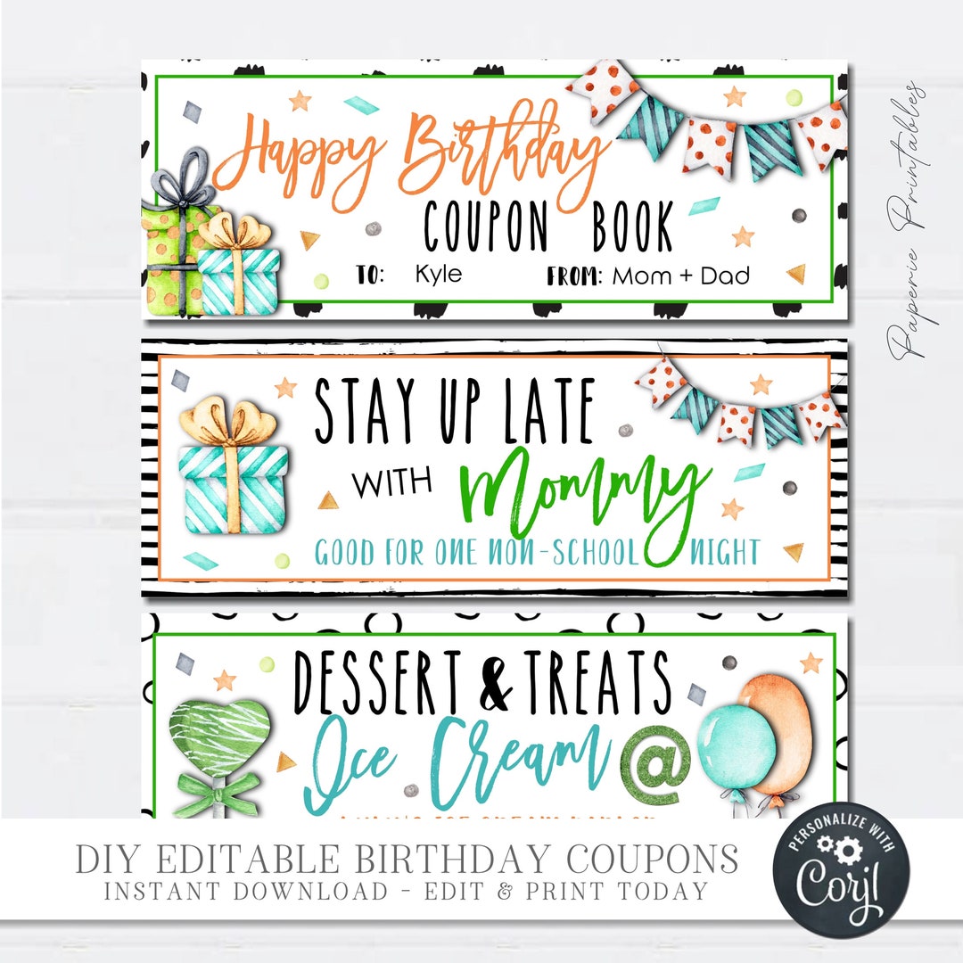 EDITABLE Kids Birthday Coupon Book, Birthday Coupons for Kids, Birthday ...