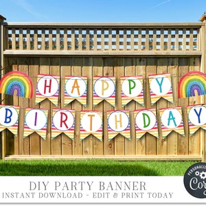 EDITABLE Rainbow Birthday Decorations, Happy Birthday Banner, Rainbow ...