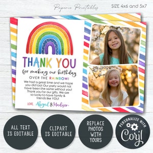EDITABLE Rainbow Birthday Party Thank You Card, Birthday Thank You Card ...