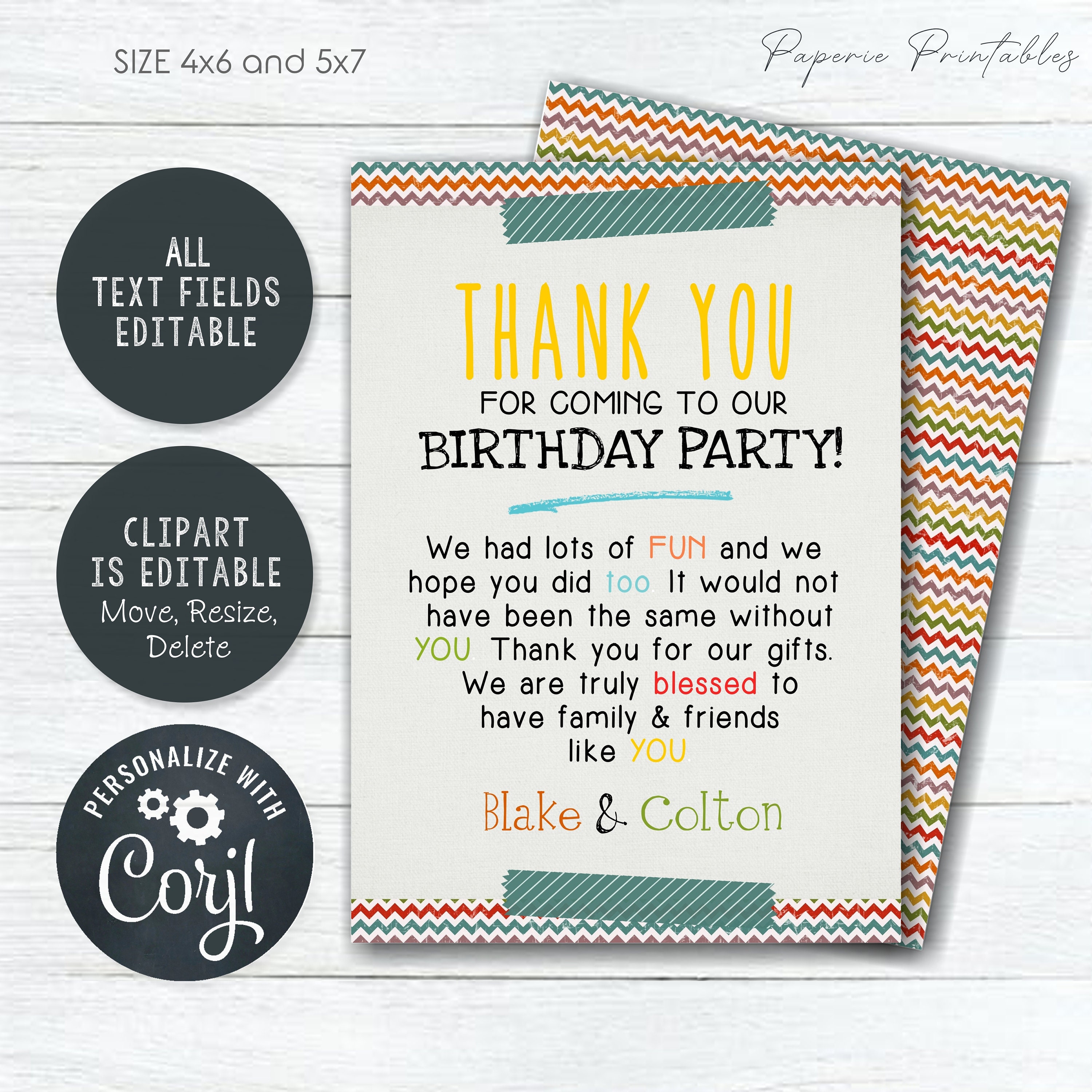 Editable Kids Birthday Thank You Card: Colorful Design (digital ...