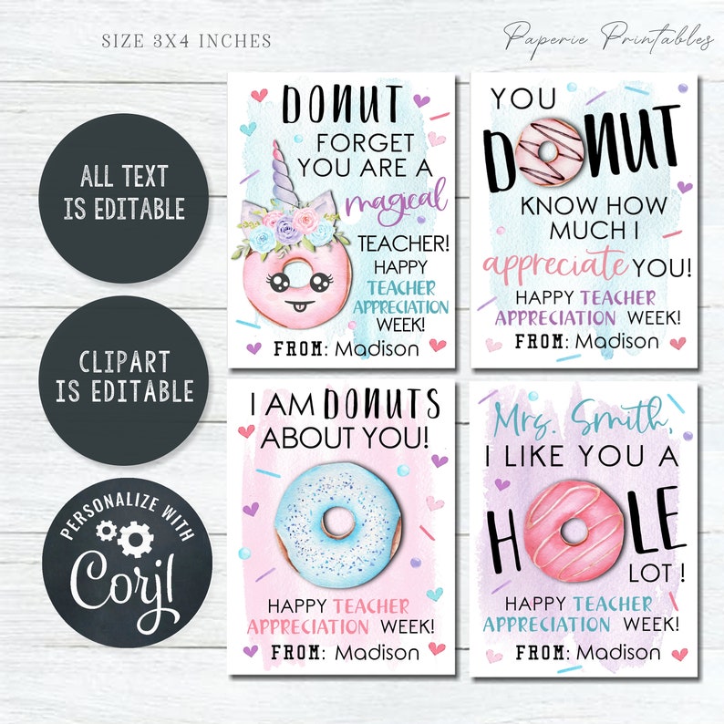 Editable Donut Teacher Appreciation Gift Tags (corjl Template) #TAW04 ...