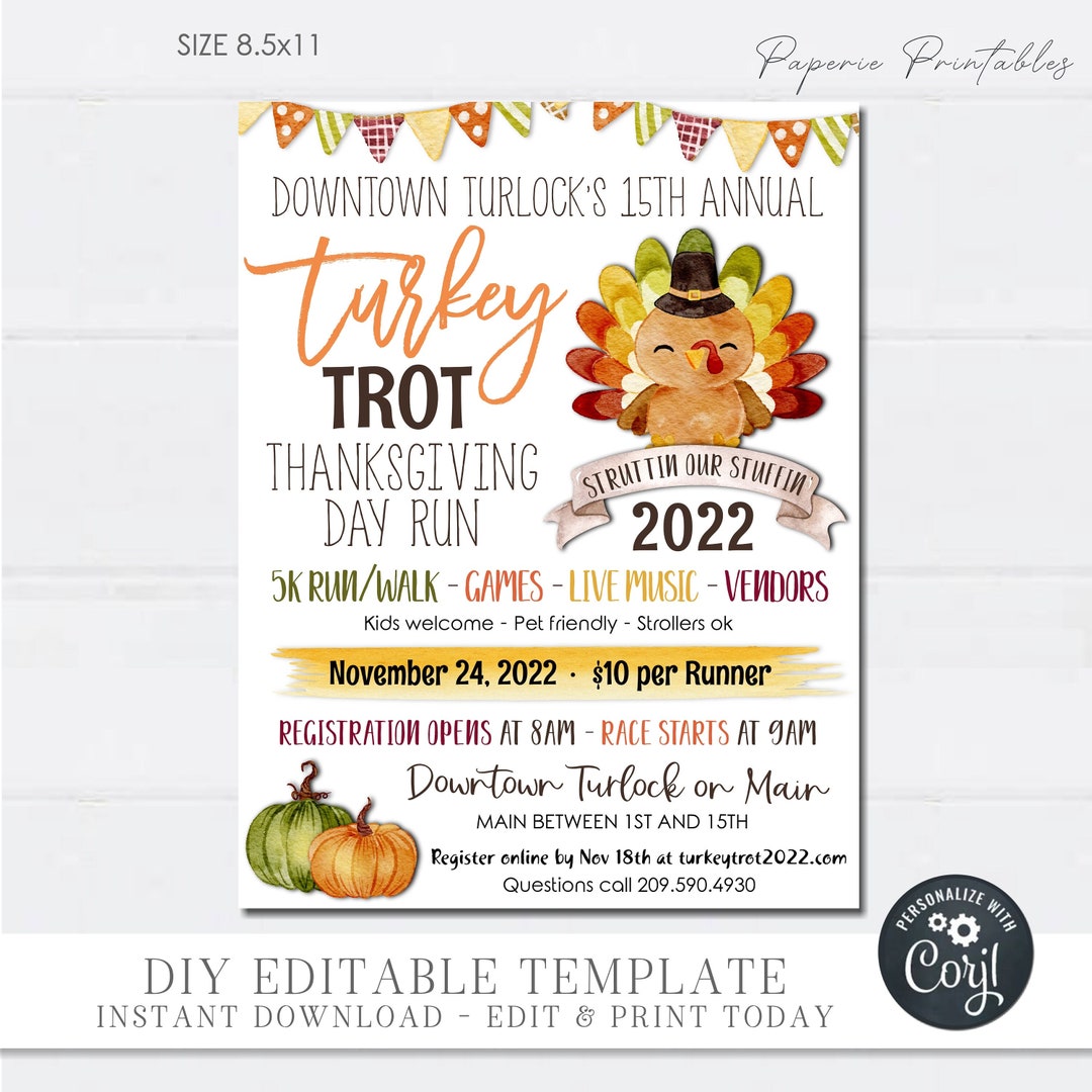 Editable Turkey Trot Flyer: Thanksgiving Day Run Event (DIY Corjl) # ...