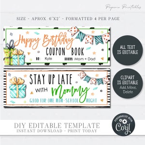 EDITABLE Kids Birthday Coupon Book, Birthday Coupons for Kids, Birthday ...