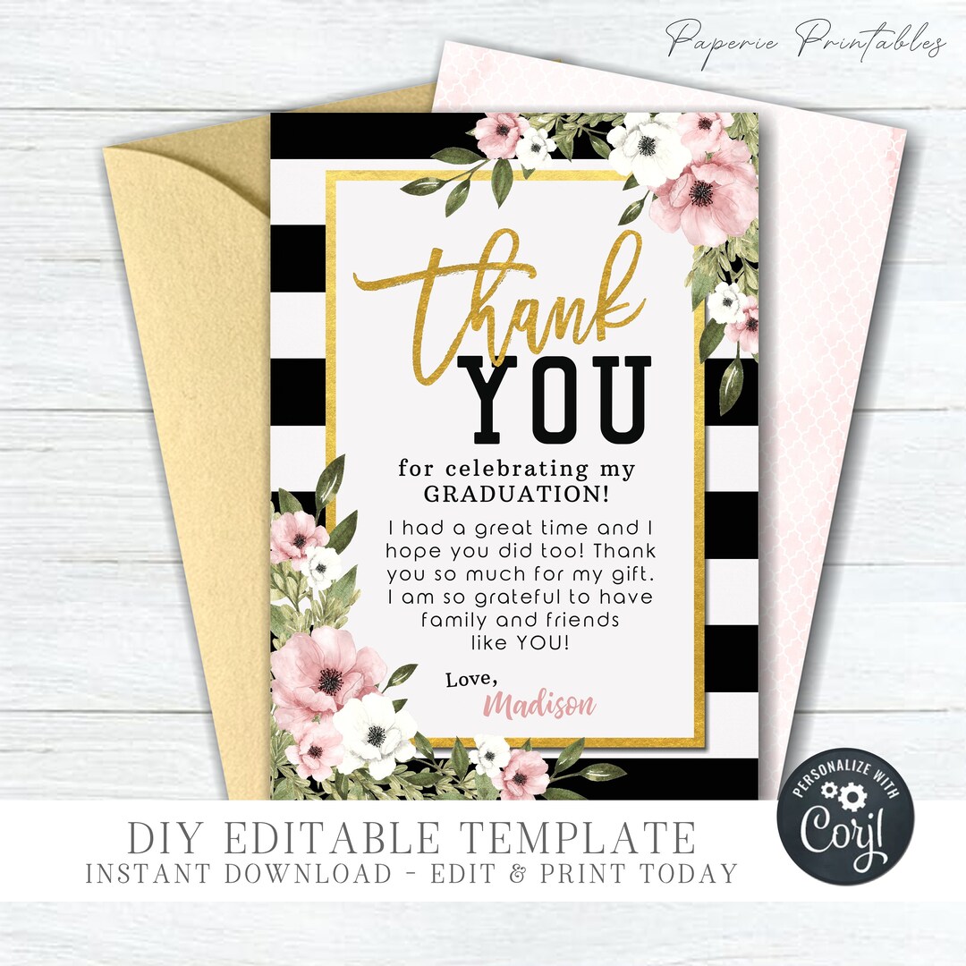Editable Graduation Thank You Card: Gold Foil Floral Design (DIY Corjl ...