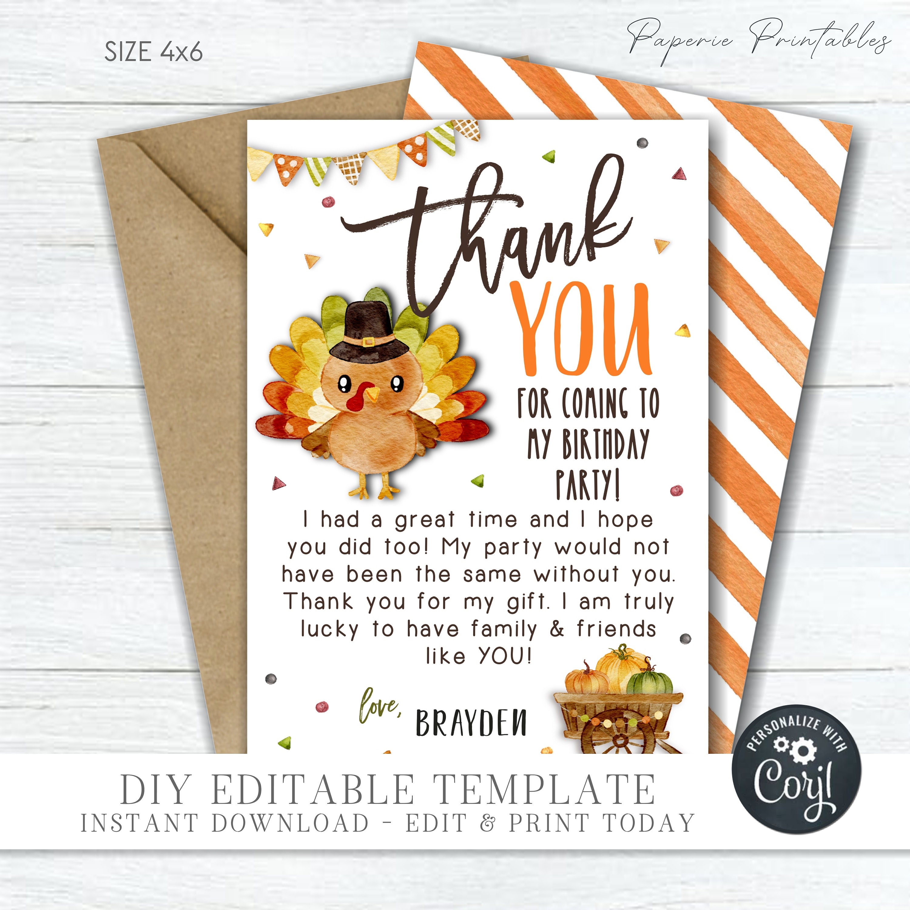 EDITABLE Little Turkey Birthday Thank You Card Thanksgiving - Etsy