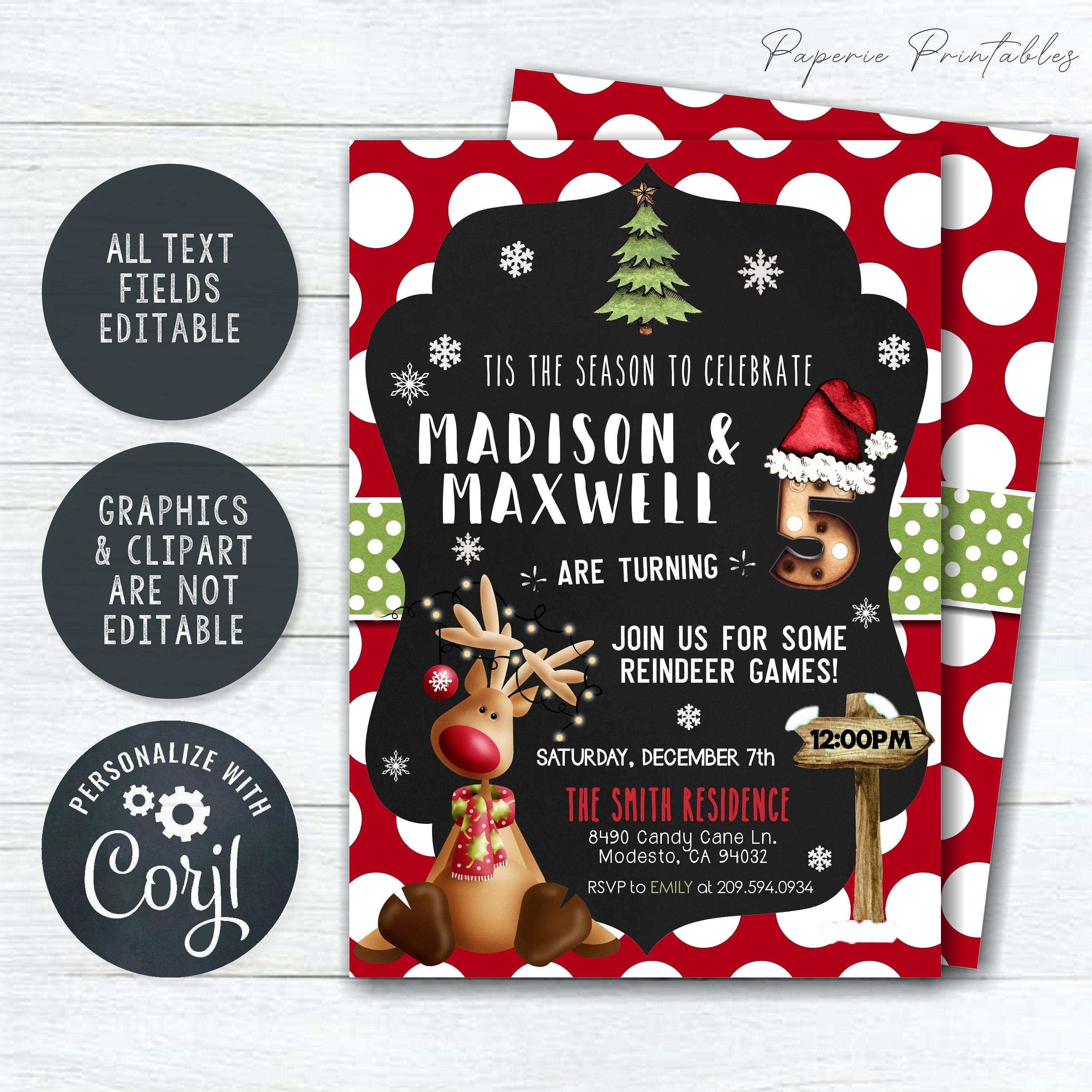 EDITABLE Christmas Birthday Invitation Girl Boy Twins & | Etsy