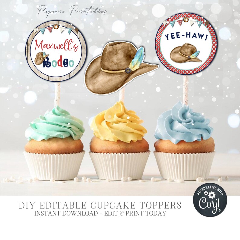 EDITABLE Cowboy Birthday Cupcake Toppers Cowboy Party - Etsy