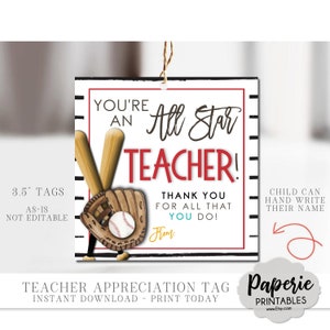 Baseball Teacher Appreciation Gift Tag: Editable All Star Design (DIY ...
