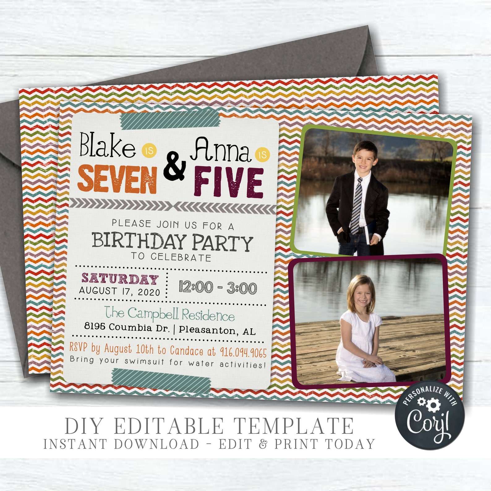 EDITABLE Siblings Birthday Invitation DIY Birthday Template - Etsy