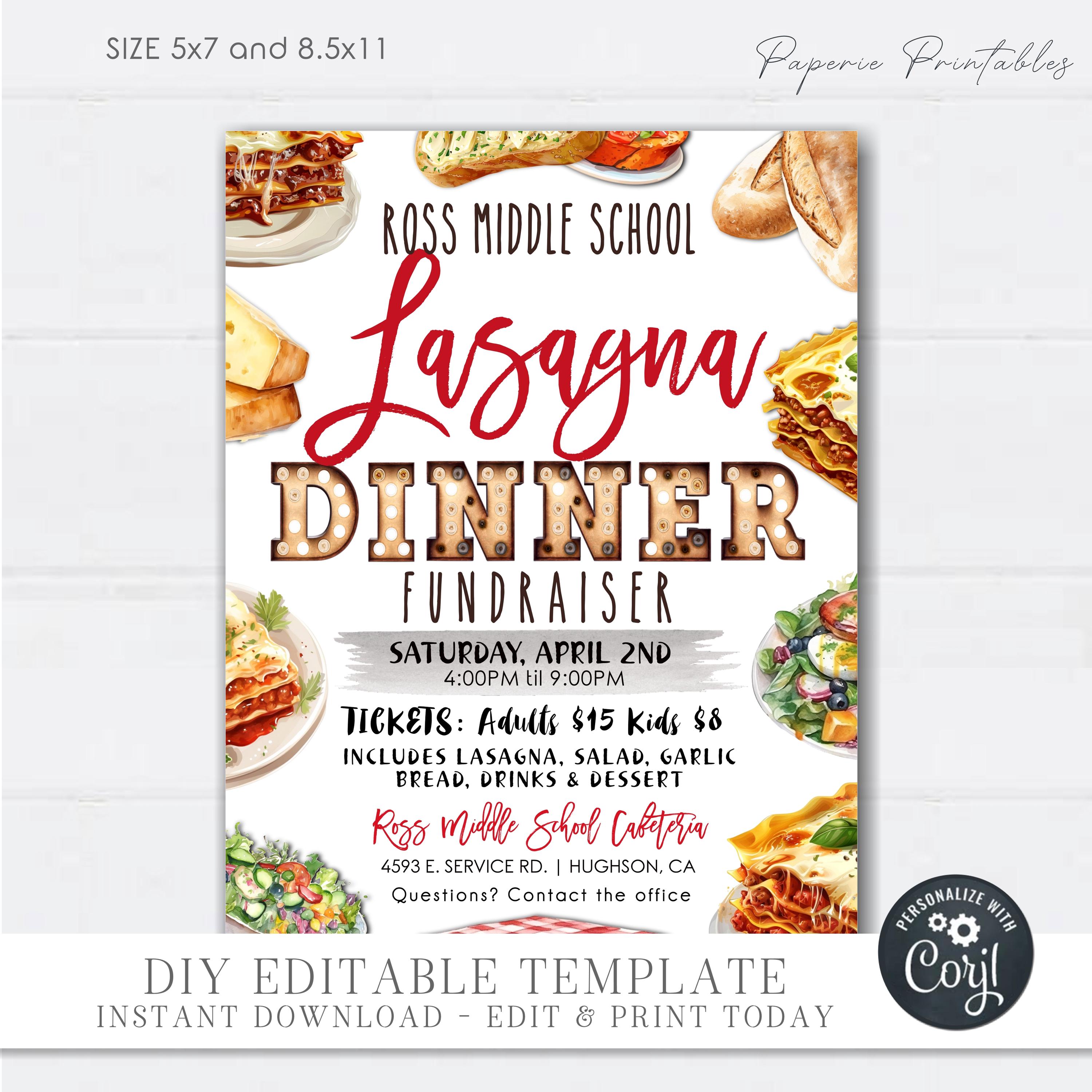 Editable Lasagna Dinner Fundraiser Flyer: DIY Template (5x7 & 8.5x11) # ...