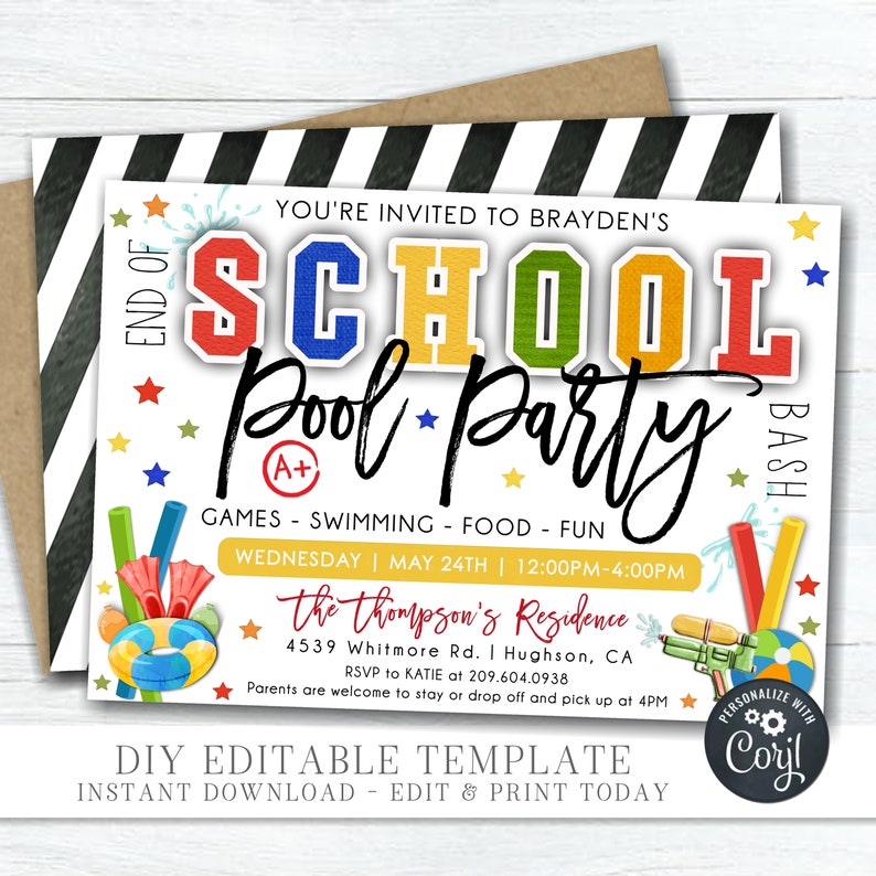 EDITABLE End of School Pool Party Invitation End of School - Etsy