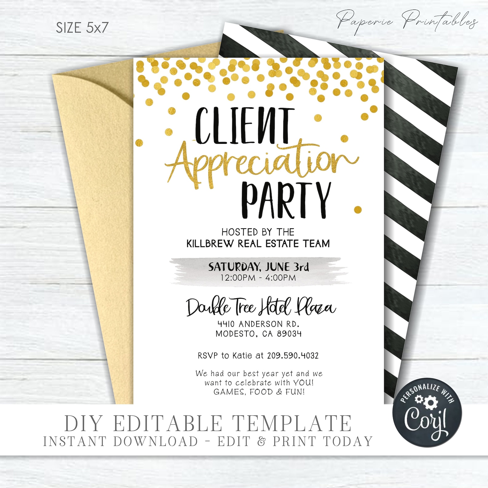 Editable Client Appreciation Party Invitation: Gold Confetti (DIY Corjl ...