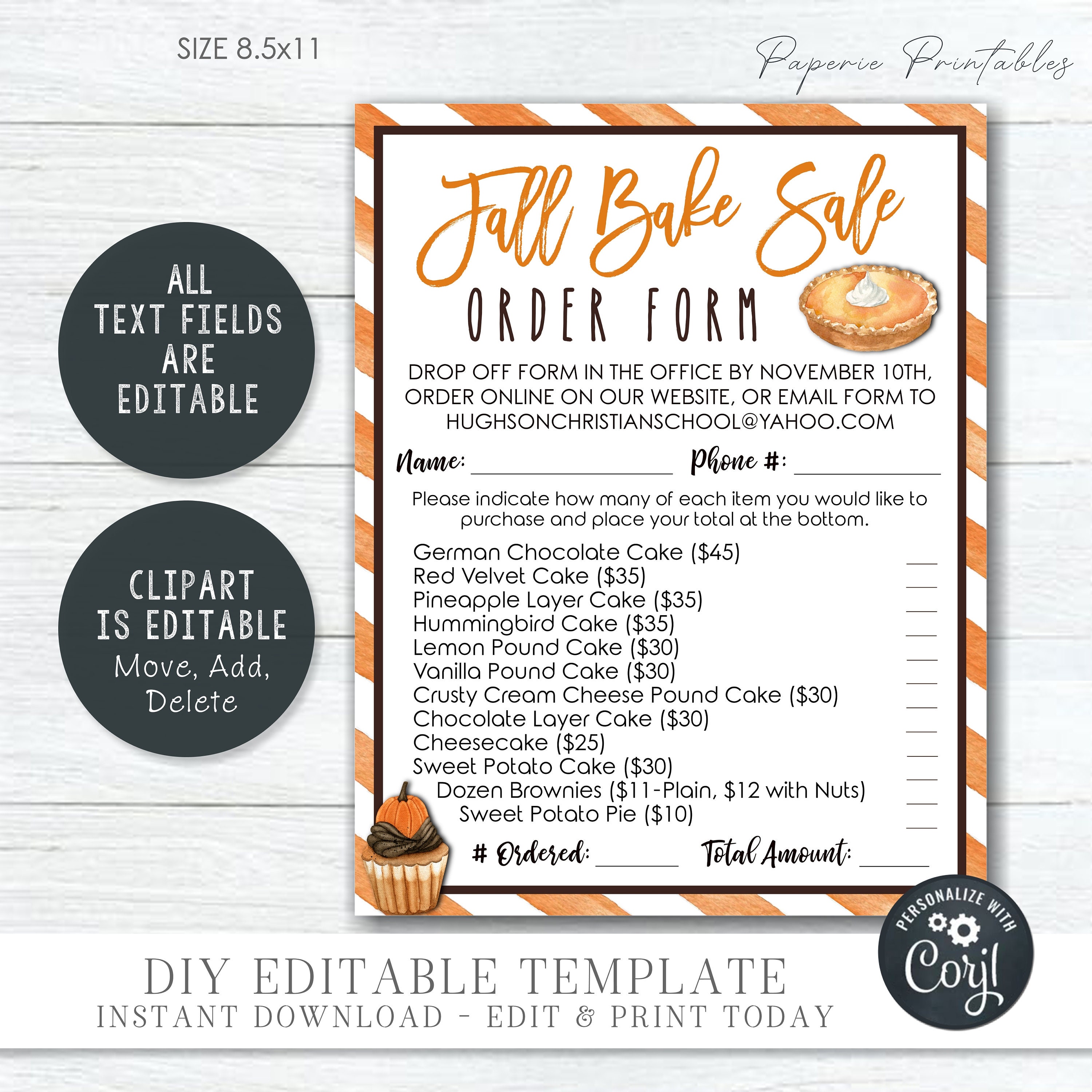 EDITABLE Thanksgiving Bake Sale Order Form Pie Sale Order - Etsy