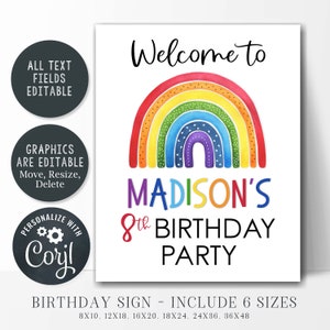 Editable Rainbow Birthday Welcome Sign, Rainbow Party Decoration ...