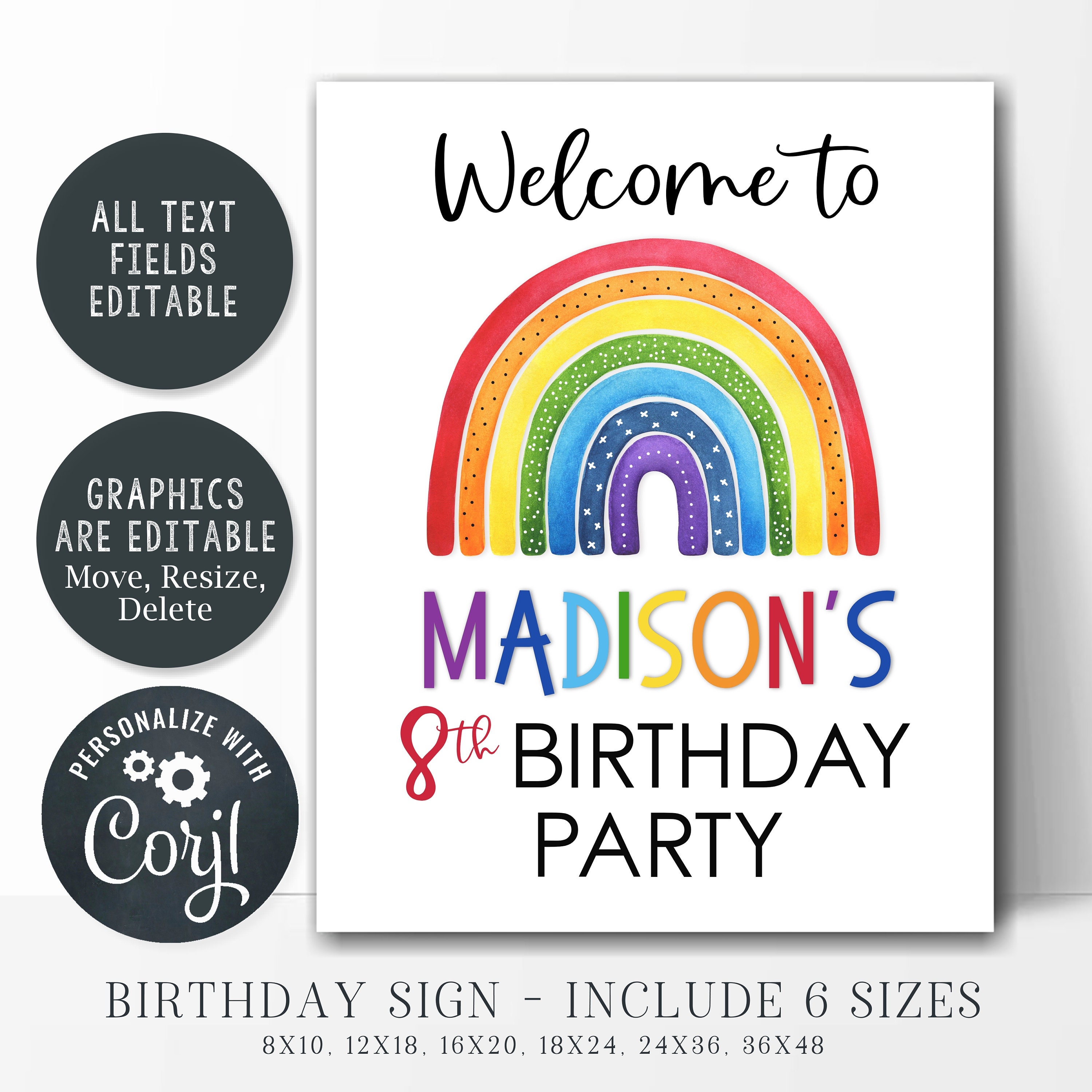 Editable Rainbow Birthday Welcome Sign: DIY Party Decor (corjl) #BP161 ...