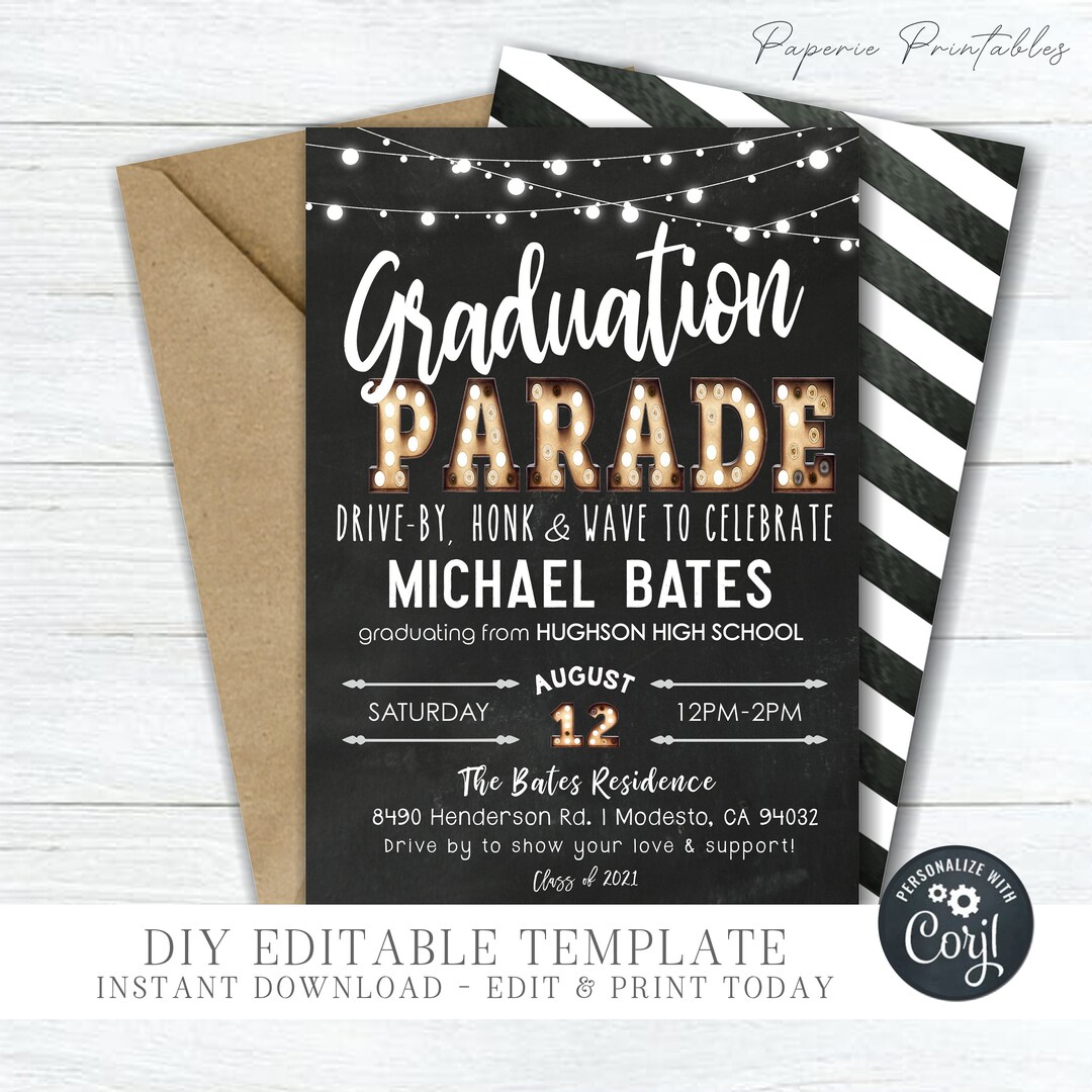 Editable Graduation Parade Invitation: Photo Option (DIY Corjl Template ...
