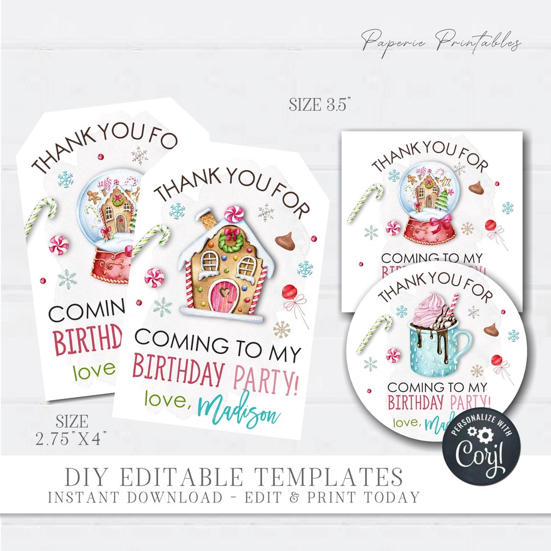Gingerbread Birthday Thank You Tags: Editable Party Favors (digital ...